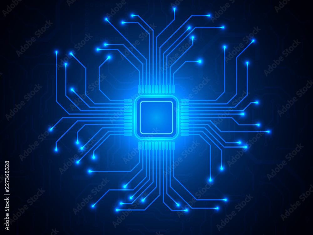 CPU chip on blue background. Microprocessor with bright connections ...