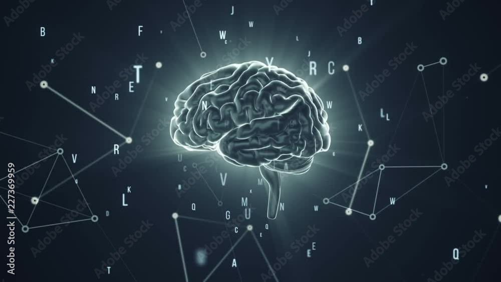 Animation of rotation human brain with flying data around. Animation of ...