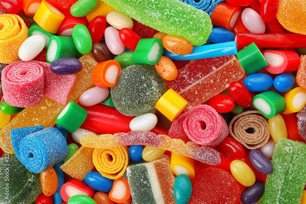 Pile of delicious colorful chewing candies as background Stock Photo ...