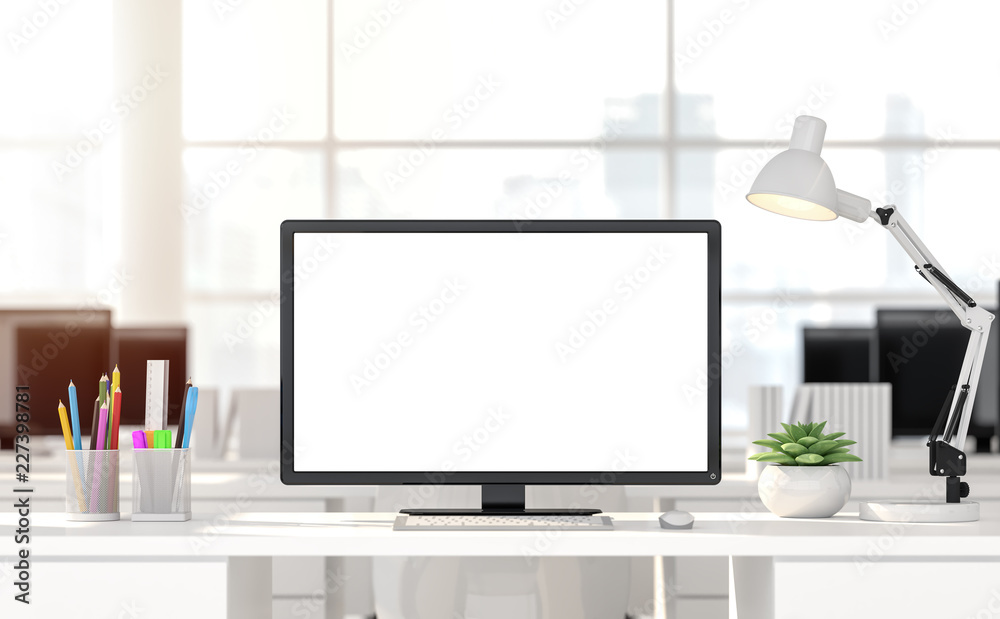 Empty computer screen with blurry background 3d render. There are white ...