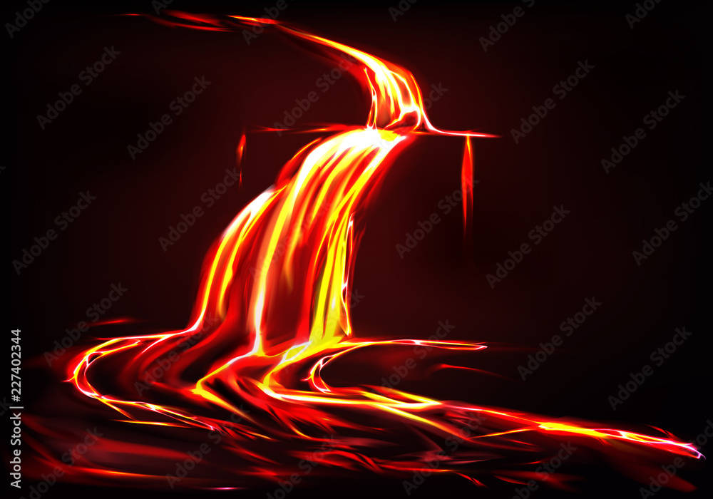 Vector realistic background with lava river, flow of liquid fire in ...