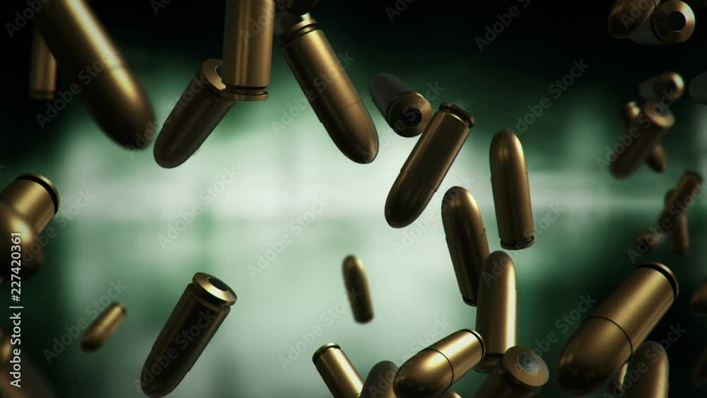 Animation falling of bullets different calibers on dark and blurred ...