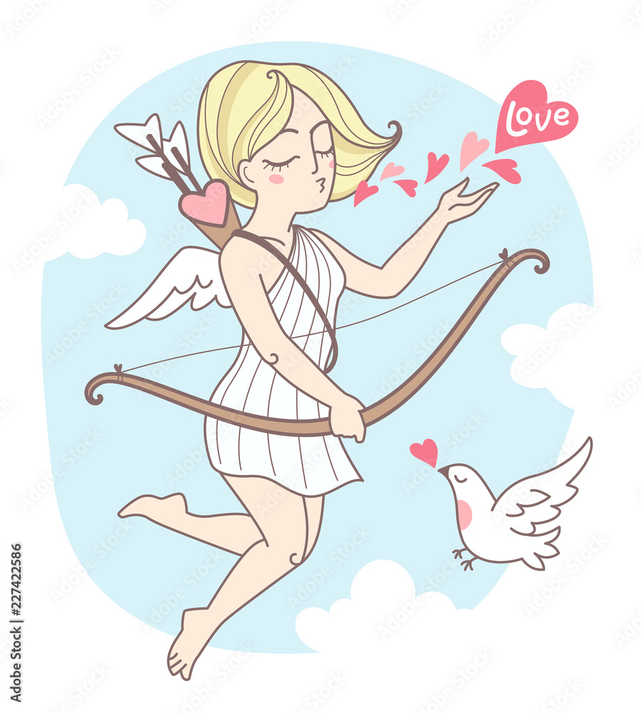 Valentines day vector illustration, template for cards, posters. Flying cupid girl with bird and ...