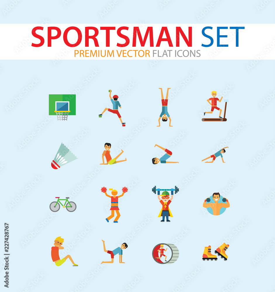 Sportsman vector icons set. Thirteen icons of running man, rock climber ...
