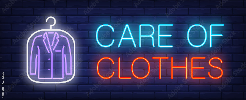 Care of clothes neon sign. Coat in plastic bag. Dry cleaning, laundry ...