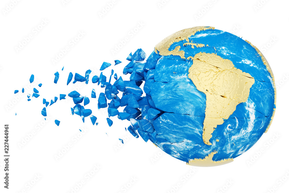 Broken shattered planet earth globe isolated on white background. Gold ...