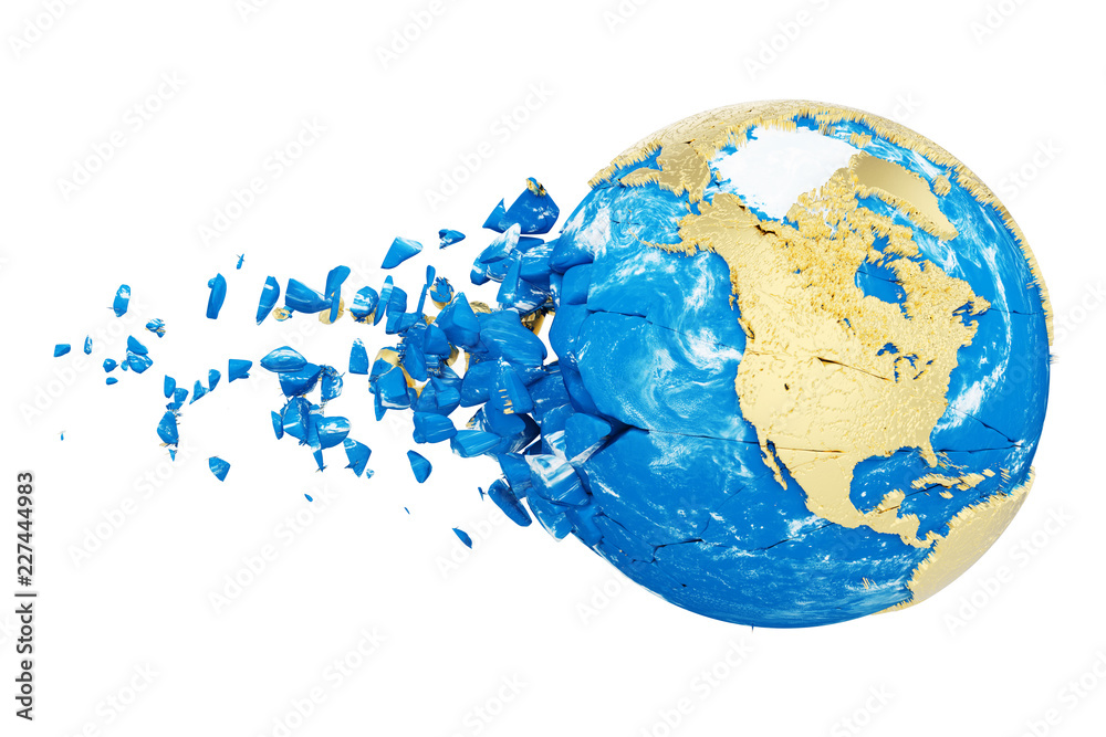 Broken shattered planet earth globe isolated on white background. Gold ...