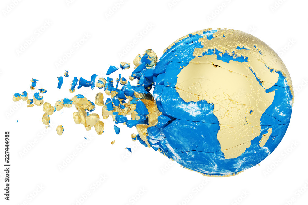 Broken shattered planet earth globe isolated on white background. Gold ...