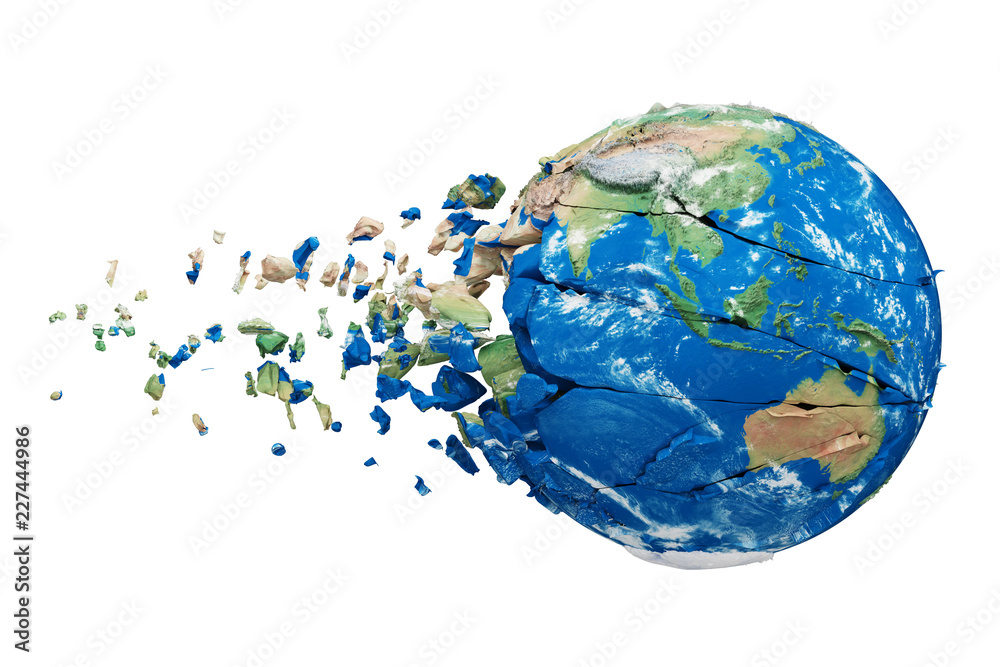 Broken shattered planet earth globe isolated on white background. Blue ...