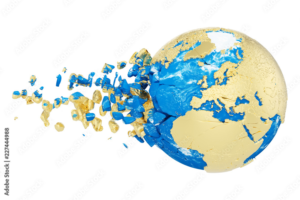 Broken shattered planet earth globe isolated on white background. Gold ...