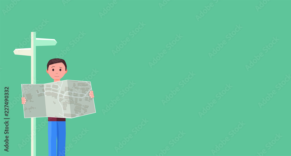 Vector file of flat illustrated man reading a map next to a sign post ...