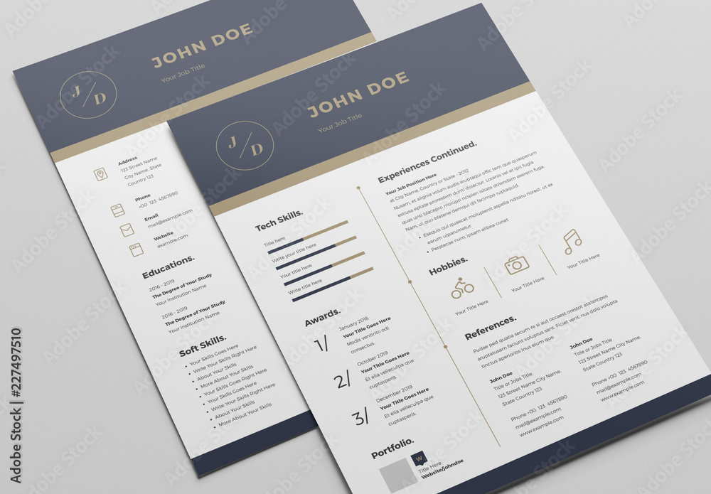Resume Layout with Blue and Gold Header Stock Template | Adobe Stock