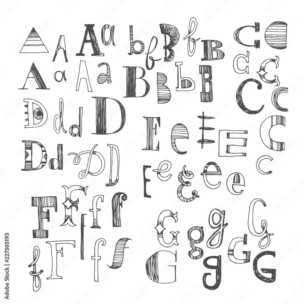 Hand drawn font with several variants of letters. A, B, C, D, E, F and ...