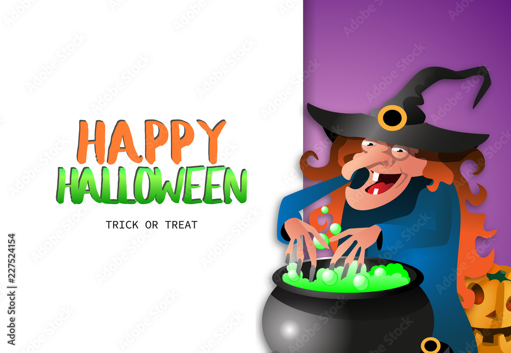 Happy Halloween Trick or treat banner with toothless witch in cap ...