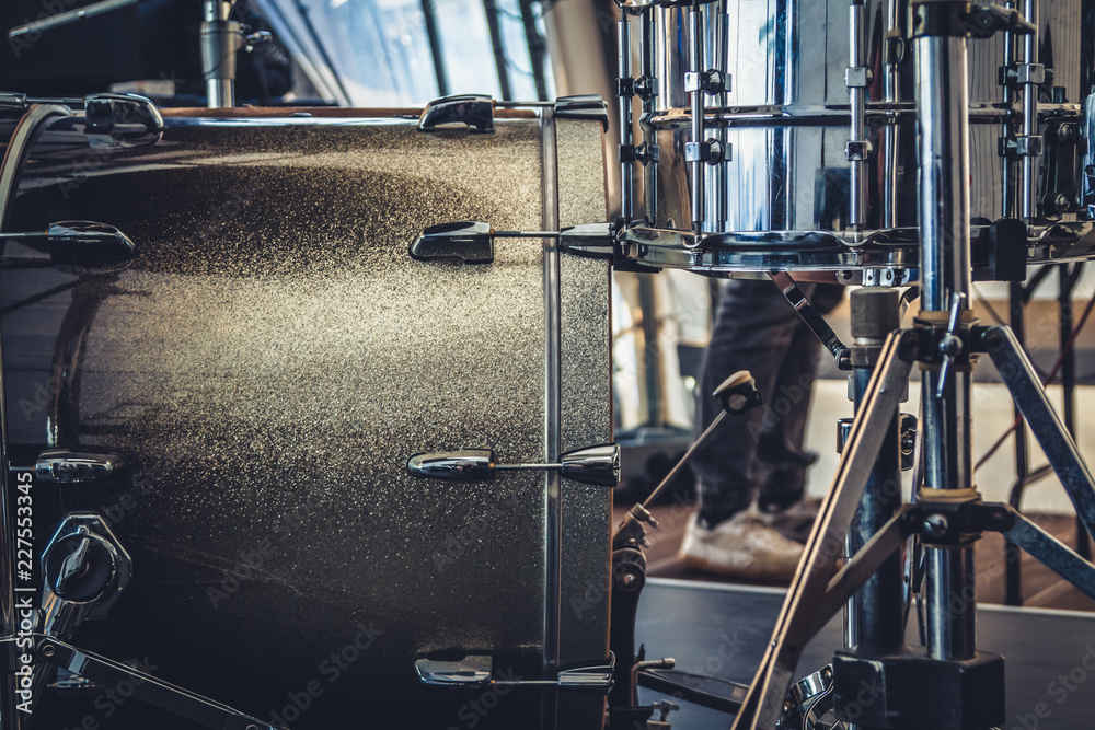 Kick drum with pedal, snare drum and cymbal racks Stock Photo | Adobe Stock