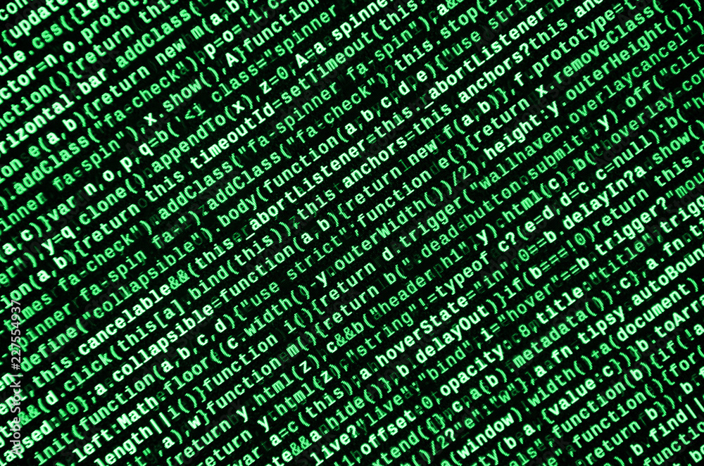 Javascript functions, variables, objects. Monitor closeup of function source code. IT specialist ...