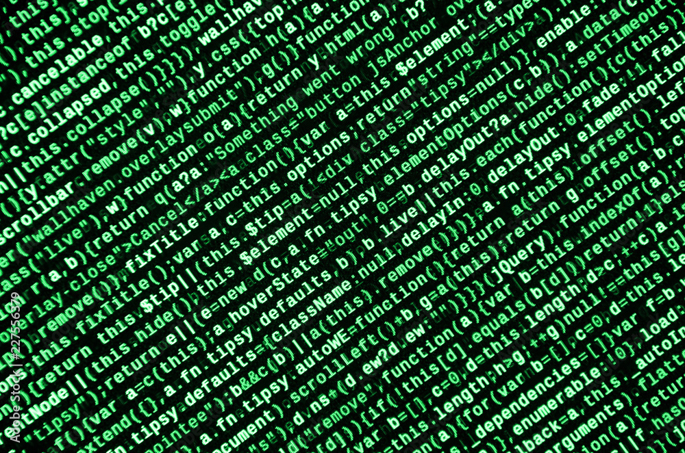 Javascript functions, variables, objects. Monitor closeup of function source code. IT specialist ...