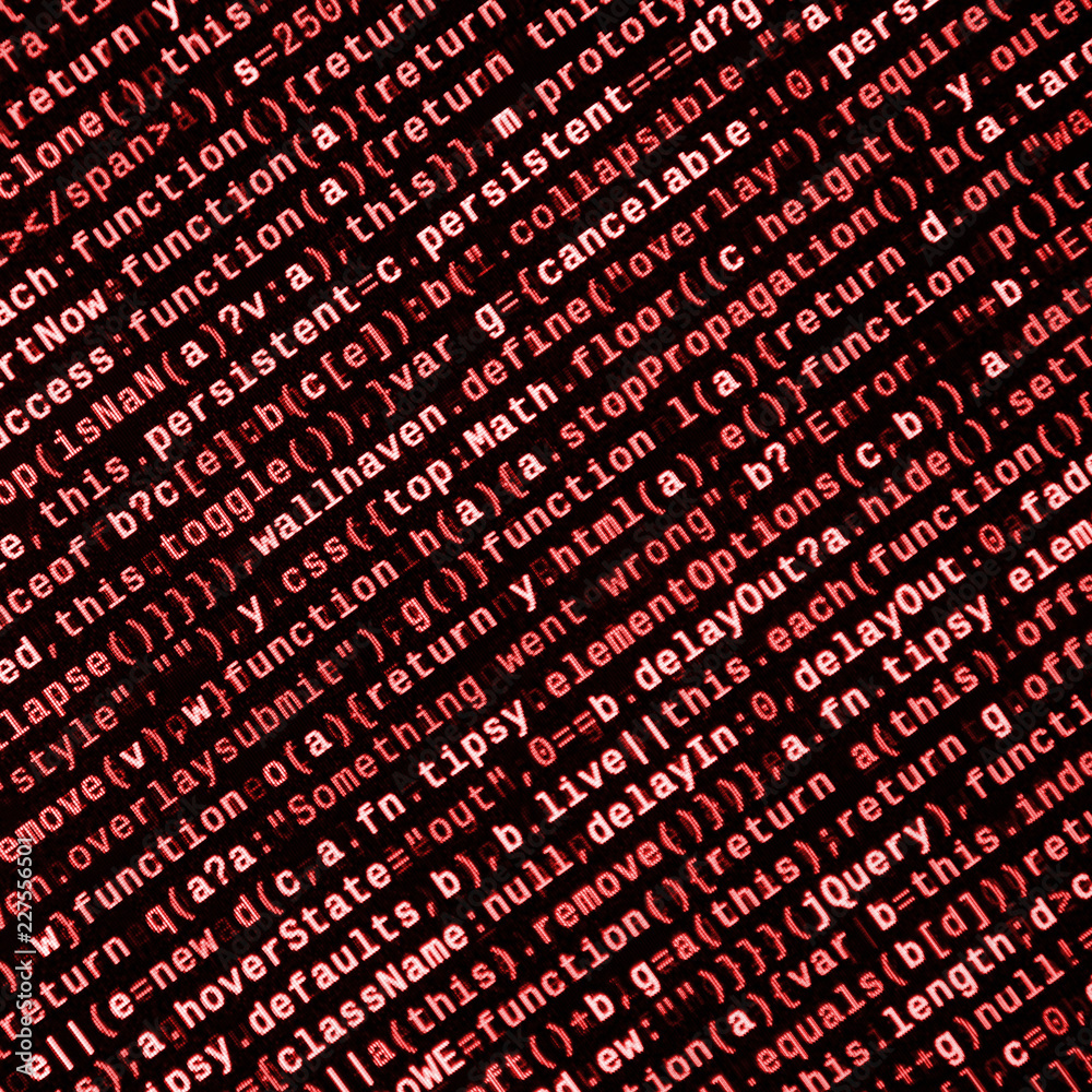 Writing programming code on laptop. Digital binary data on computer ...