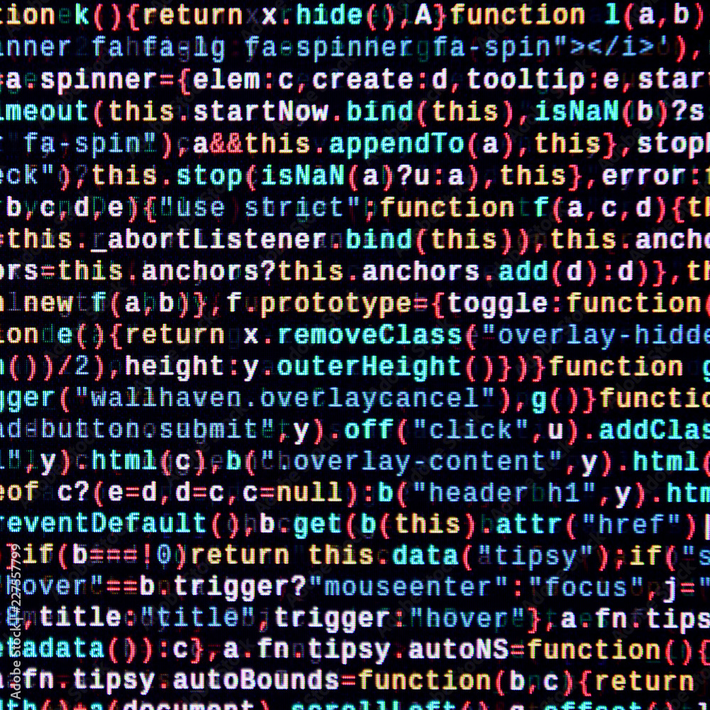 Javascript functions, variables, objects. Monitor closeup of function source code. IT specialist ...