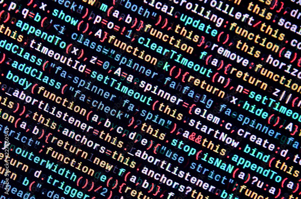 Javascript functions, variables, objects. Monitor closeup of function source code. IT specialist ...