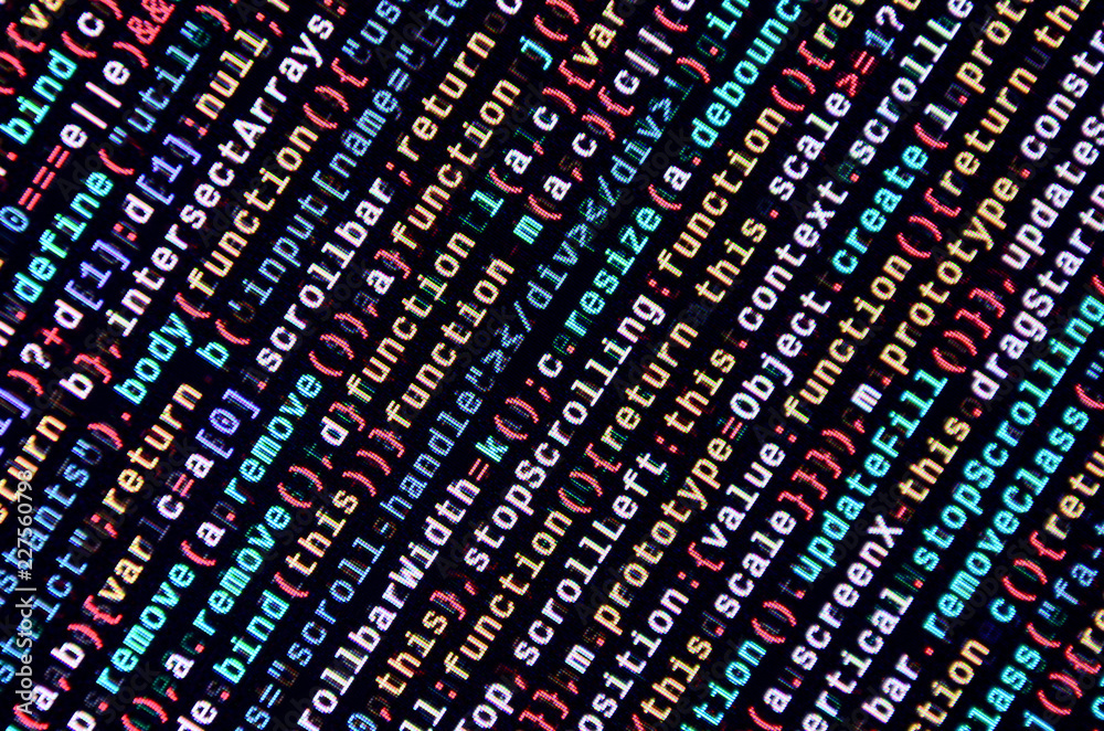 Writing programming code on laptop. Digital binary data on computer screen Stock Photo | Adobe Stock