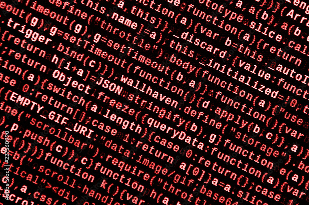 Javascript functions, variables, objects. Monitor closeup of function source code. IT specialist ...