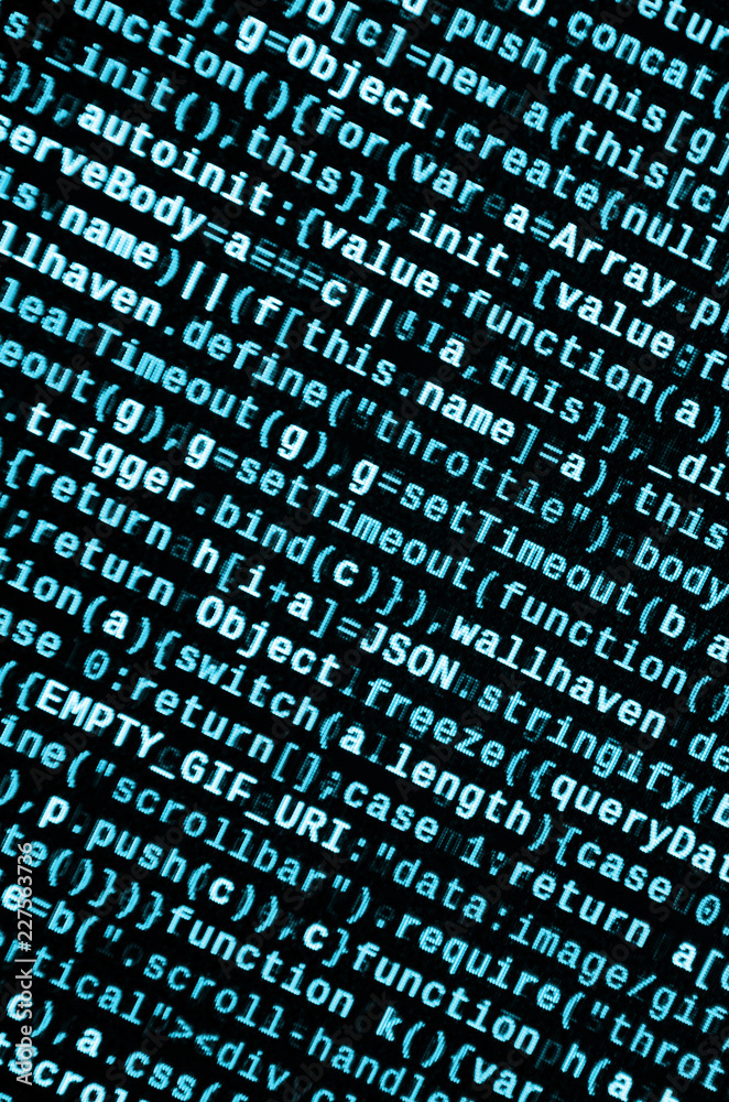 JavaScript code in text editor. Coding cyberspace concept. Screen of ...