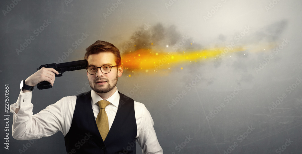 Man shoots his head with gun and lights are coming out from his head ...