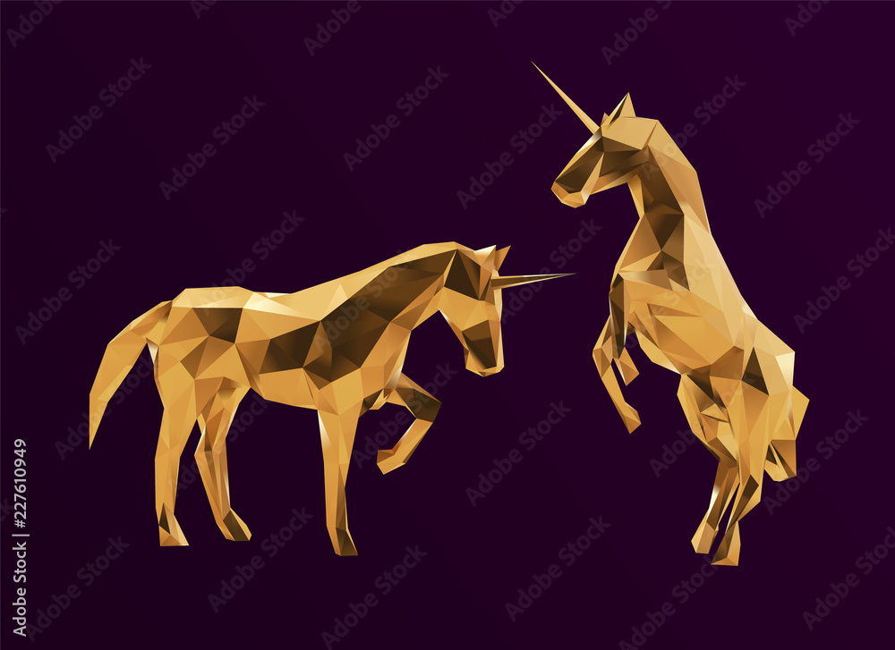 Gold Unicorn Isolated Vector Illustration Set 3D Low Poly Rendering ...