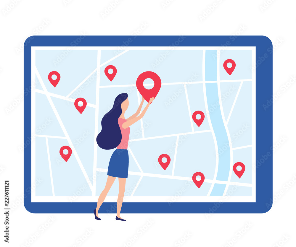 We have moved. Women and label on map. New address. Vector illustration ...