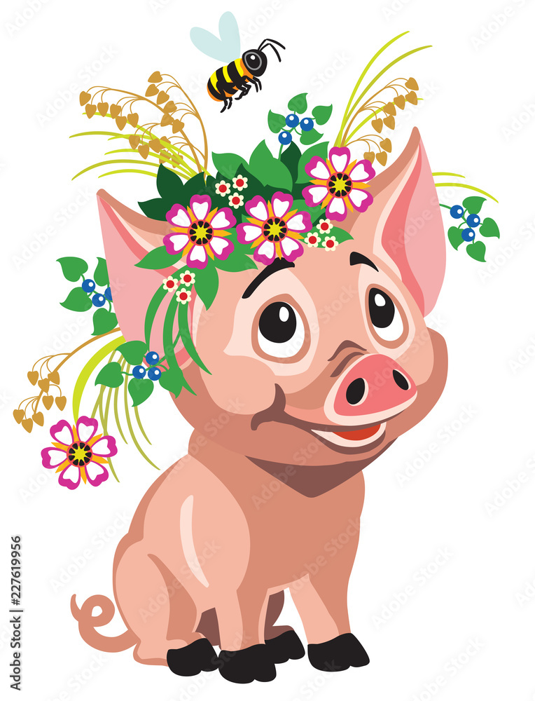 piglet wearing wreath of flowers .Cartoon baby pig .Isolated vector ...