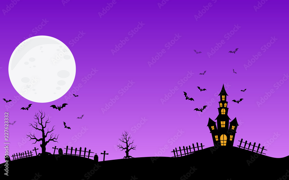 haunted house and full moon with ghost,horror night background.Vector ...