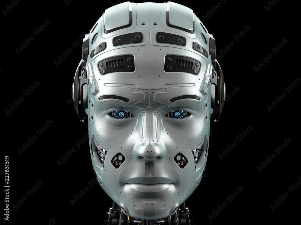 3D Render Futuristic Robot Head on black background Stock Illustration ...