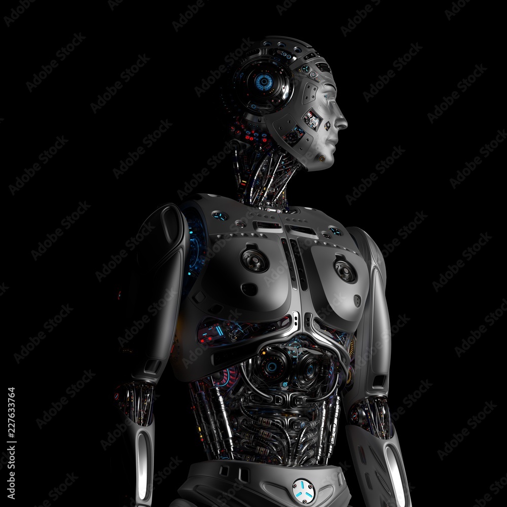 3D Render Futuristic Robot Man upper body on black background Stock ...