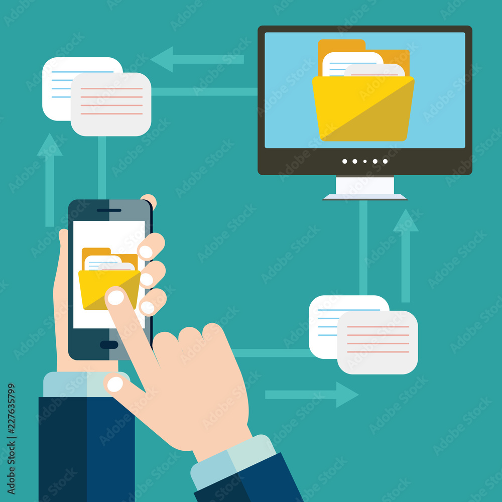 File transfer. Hand holding smartphone with folder on screen and ...