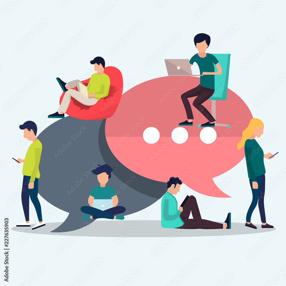 People sitting on big symbols. Speech bubbles for comment and reply ...