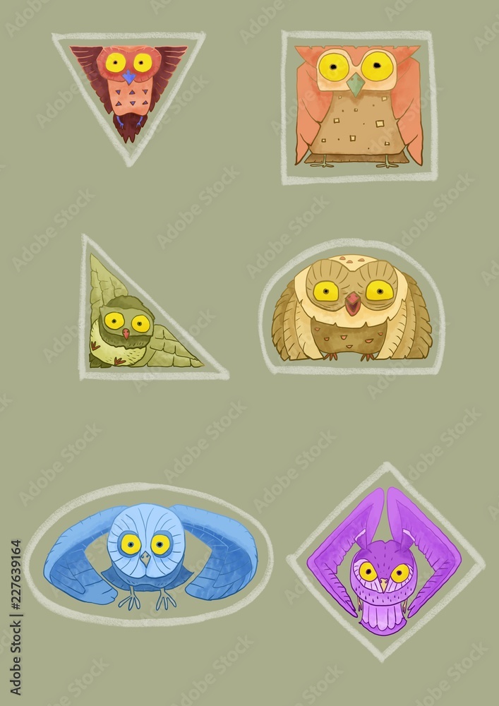 the set of cute owls fit in geometric shapes. Stock Illustration ...