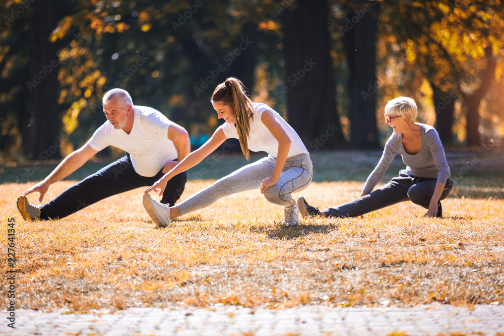 Senior man and woman and young female instructor workout on fresh air ...