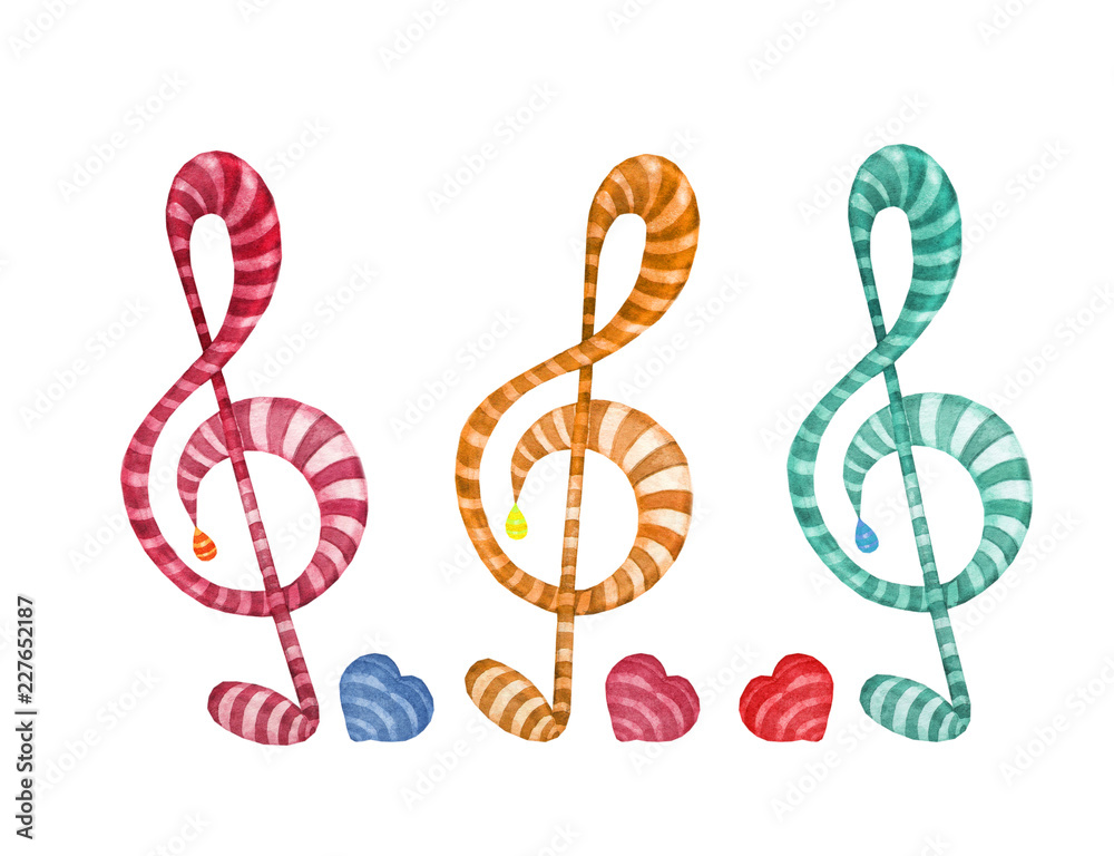 Colorful watercolor music notes set of treble clef on white background ...