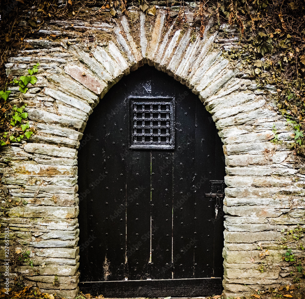 Veille porte en bois sculptée avec encadrement en pierre foto de Stock ...