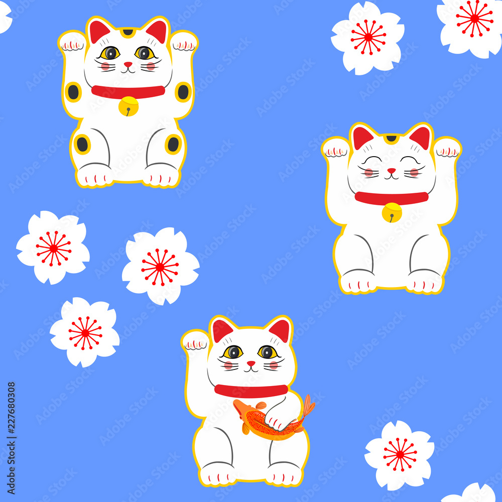 Maneki-neko cat. Seamless pattern with sitting hand drawn lucky cats. Japanese culture. Doodle ...