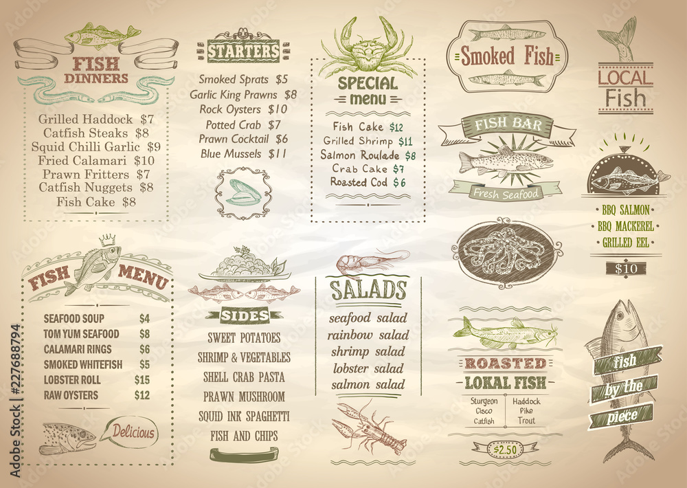 Fish menu set, seafood menu, copy space for text Stock Vector | Adobe Stock