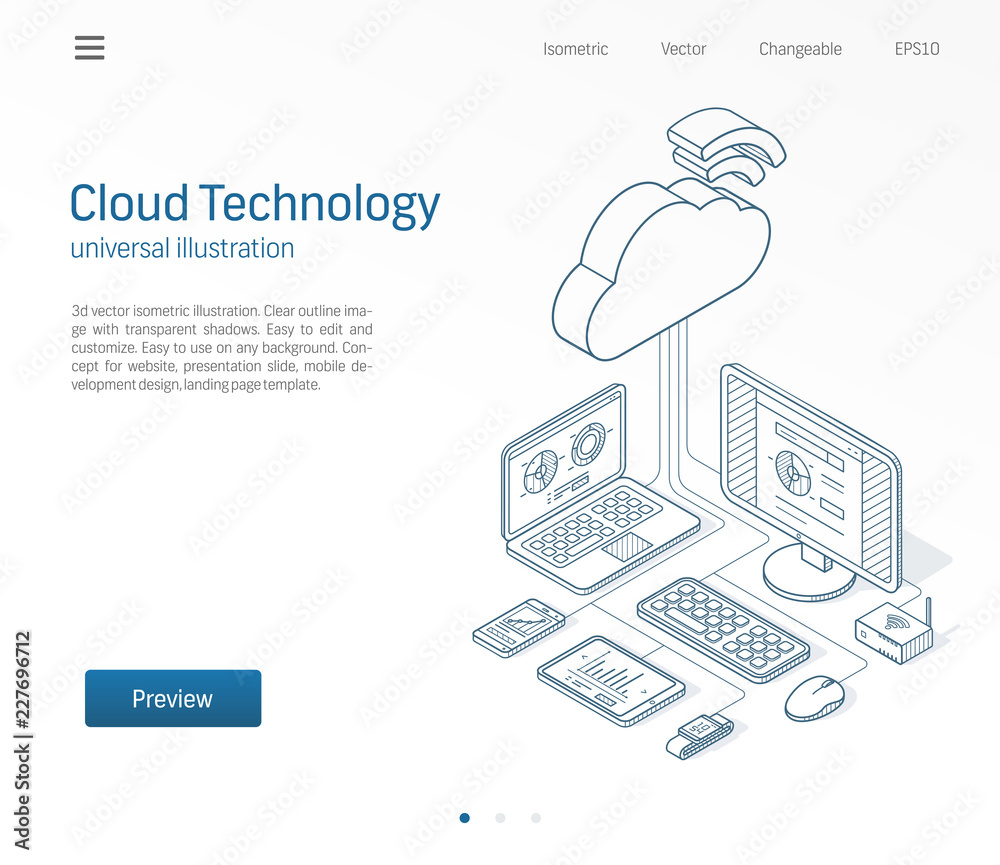Cloud computing technology modern isometric line illustration. Database ...