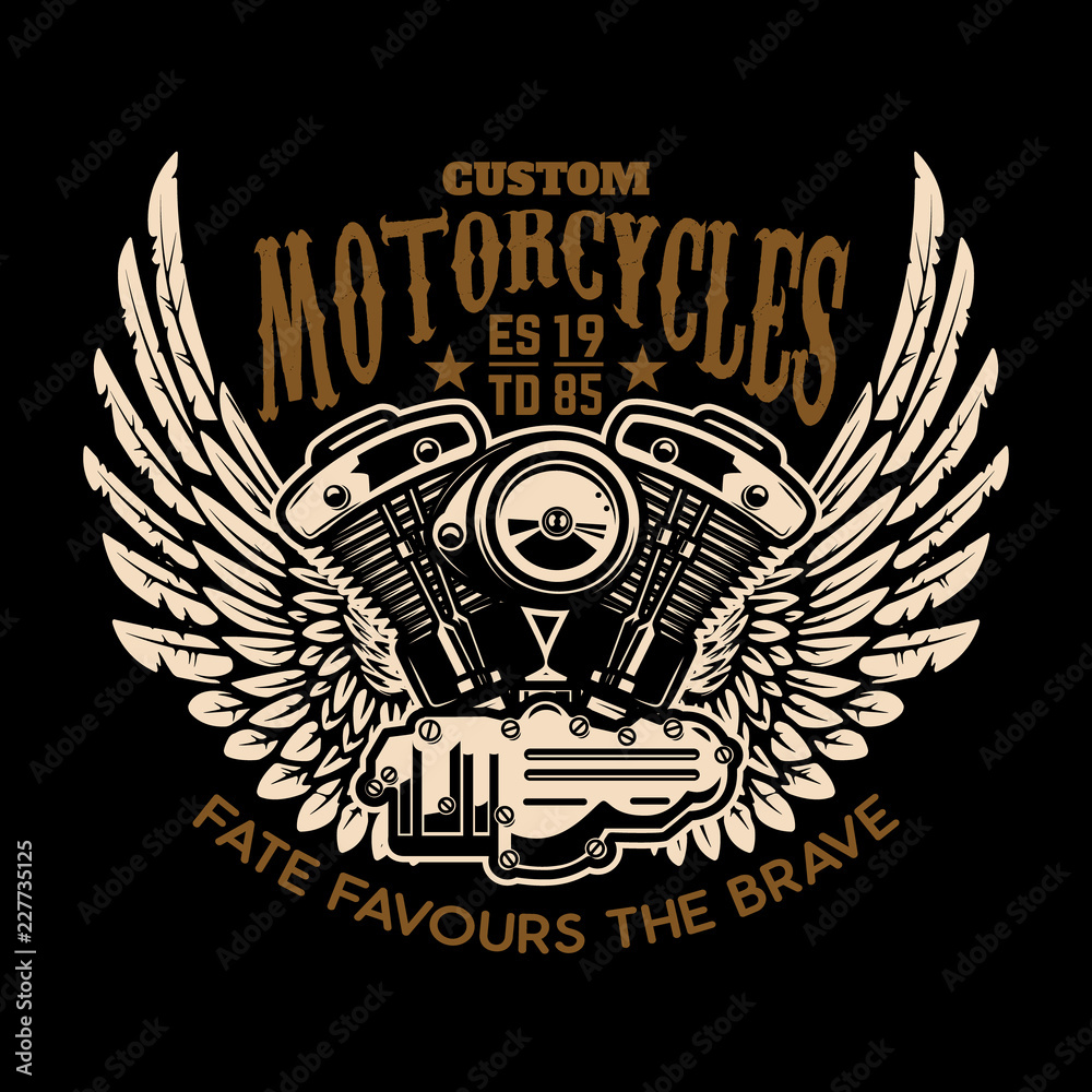 Custom motorcycles. Winged motor on dark background. Design element for ...