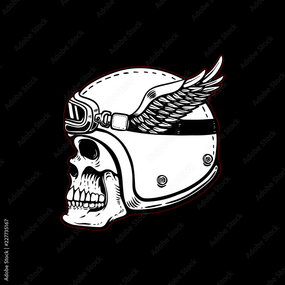 Racer skull in winged helmet on black background. Design elements for ...