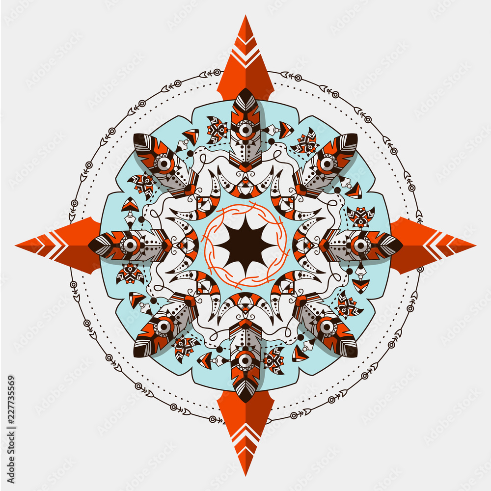 Bohemian vector compass. Boho and tribal style circle ornament ...