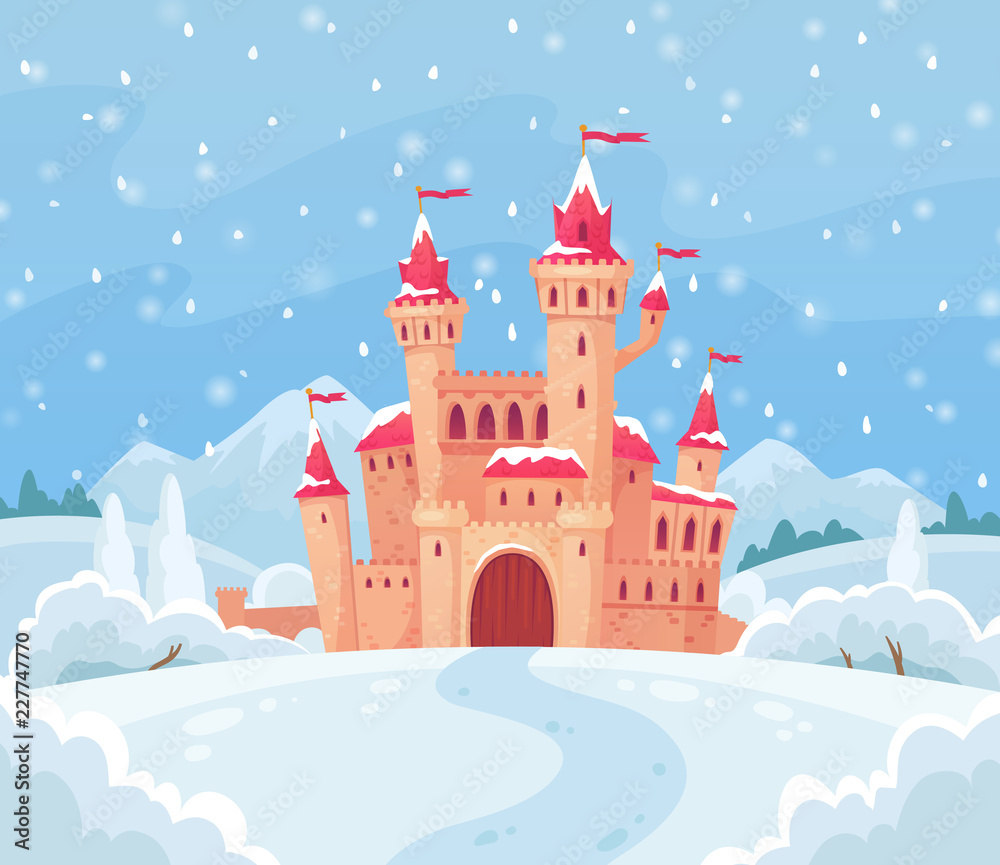 Fairy tales winter castle. Magical snowy landscape with medieval castle ...