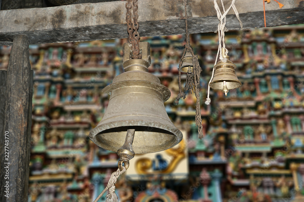 Traditional symbols of the Hindu religion - the bells. Inside of ...