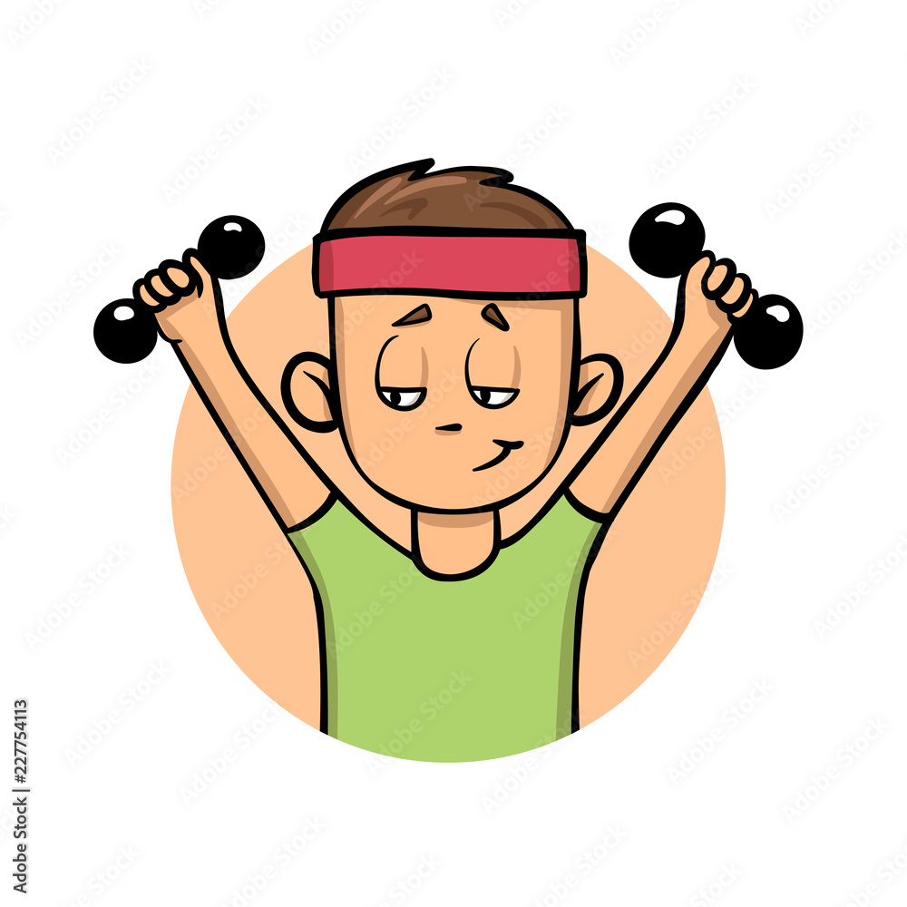 Training boy with dumbbells. Active lifestyle. Cartoon design icon ...