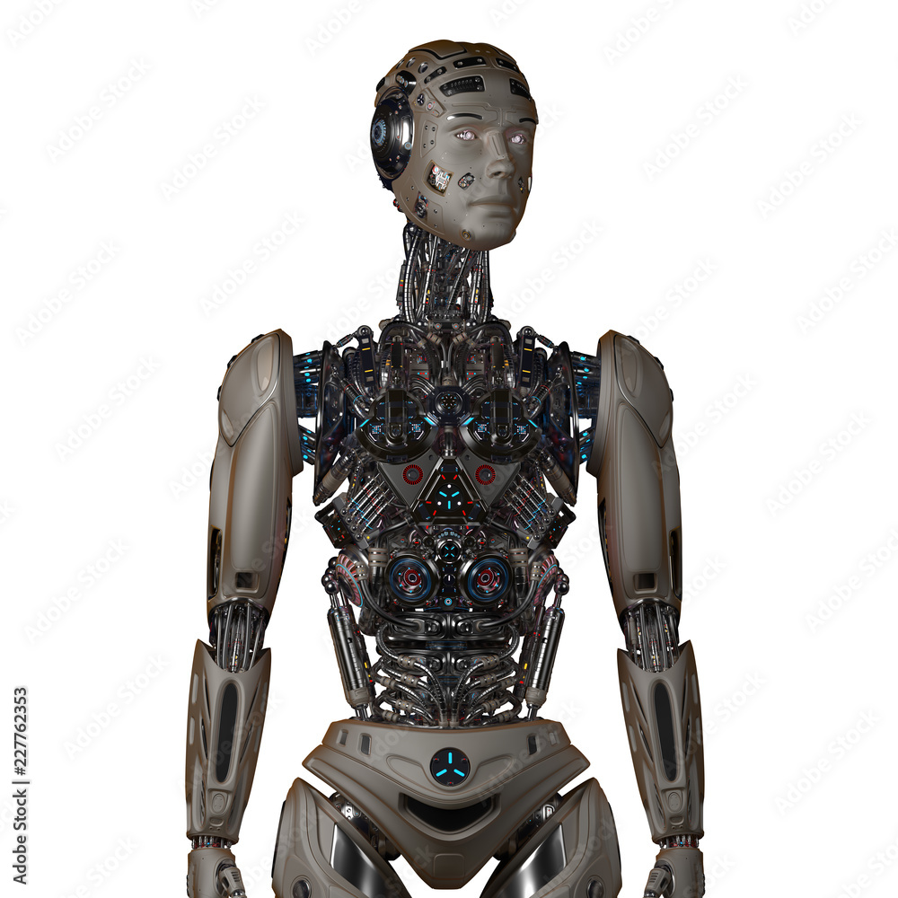 Robot Man or very detailed futuristic cyborg with uncovered internal ...